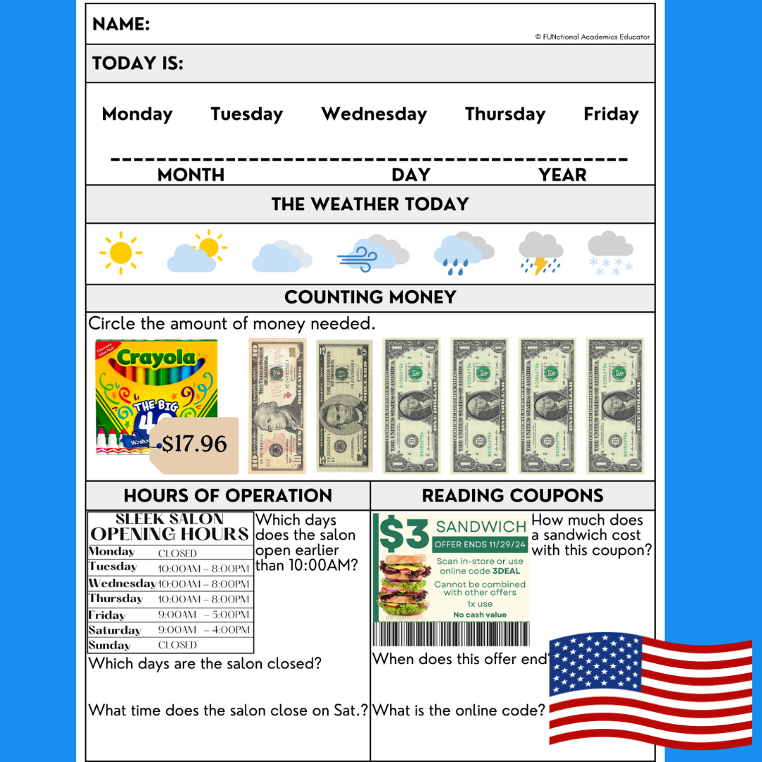 FREEBIE Morning Work - 1 Week of Life Skills Worksheets - Special ...