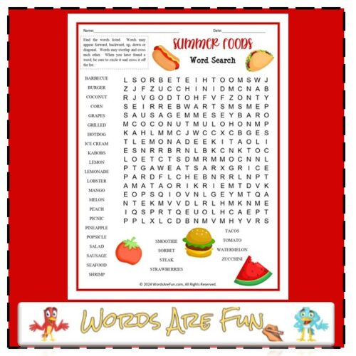 SUMMER FOODS Word Search Puzzle Handout Fun Activity - Classful