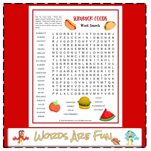SUMMER FOODS Word Search Puzzle Handout Fun Activity - Classful
