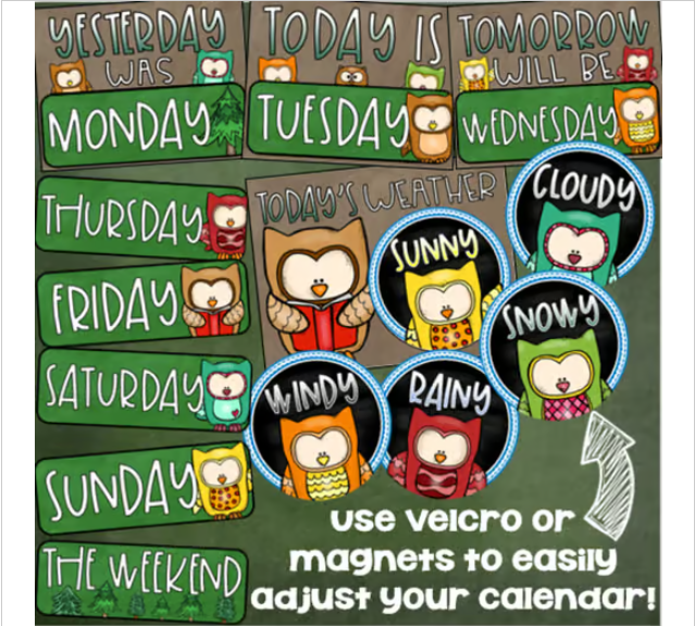 Calendar Set Classroom Decor Back to School Owl Forest Theme - Classful