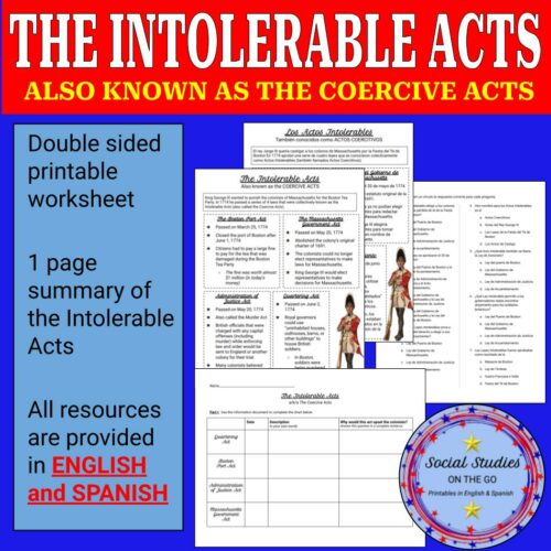 The Intolerable Acts, printable reading and worksheet (English and ...