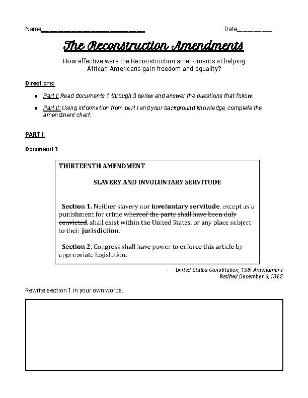The Reconstruction Amendments printable worksheets/packet (English ...