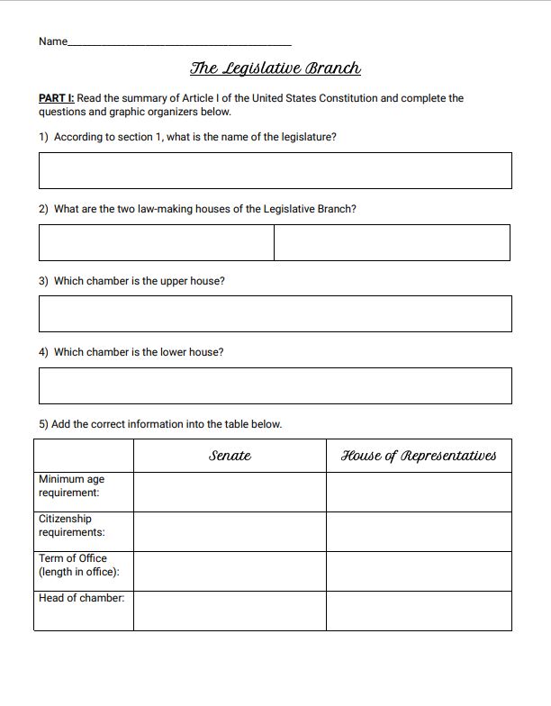 The Legislative Branch printable worksheet and reading, in English and ...