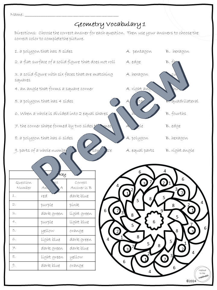 Geometry Vocabulary - Color by Number worksheets - Classful