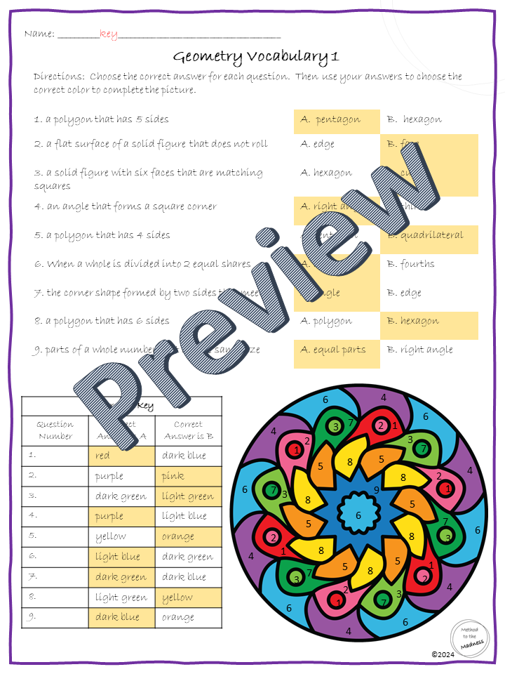 Geometry Vocabulary - Color by Number worksheets - Classful