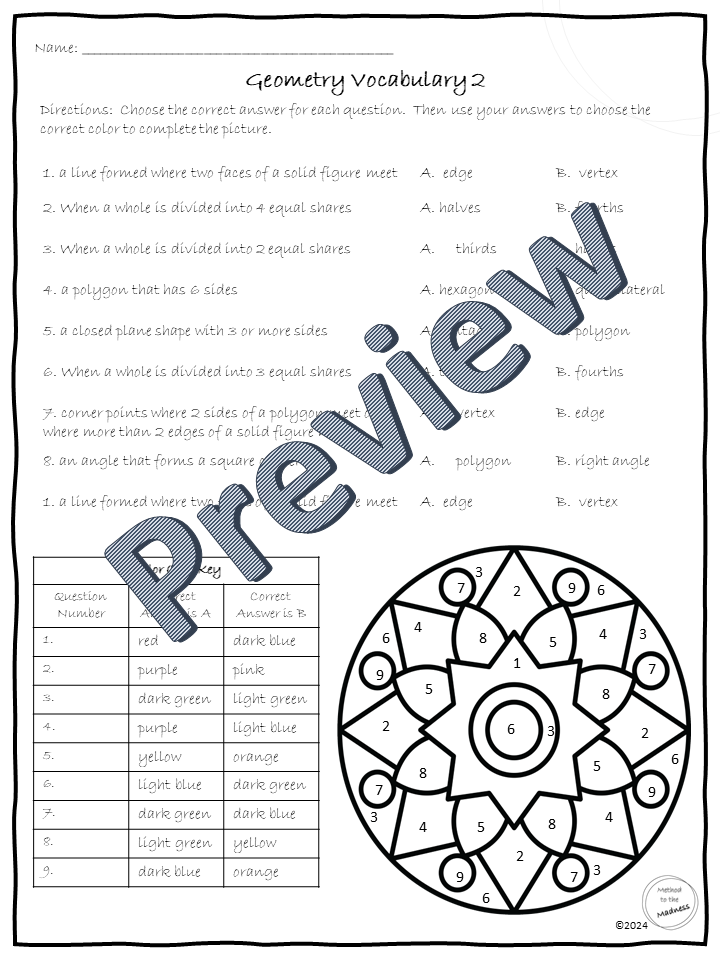 Geometry Vocabulary - Color by Number worksheets - Classful