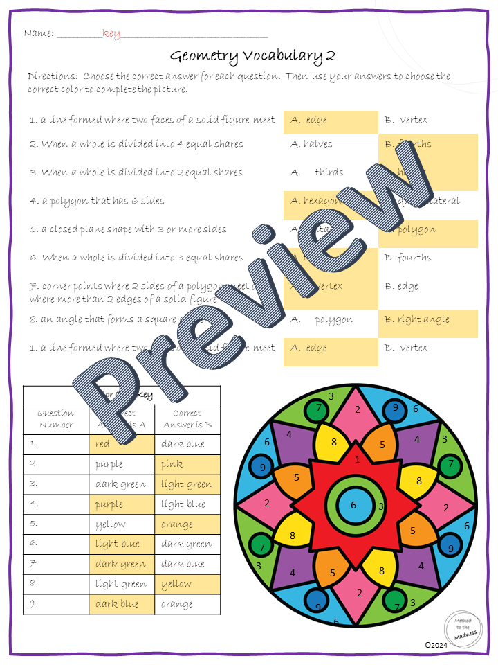 Geometry Vocabulary - Color by Number worksheets - Classful