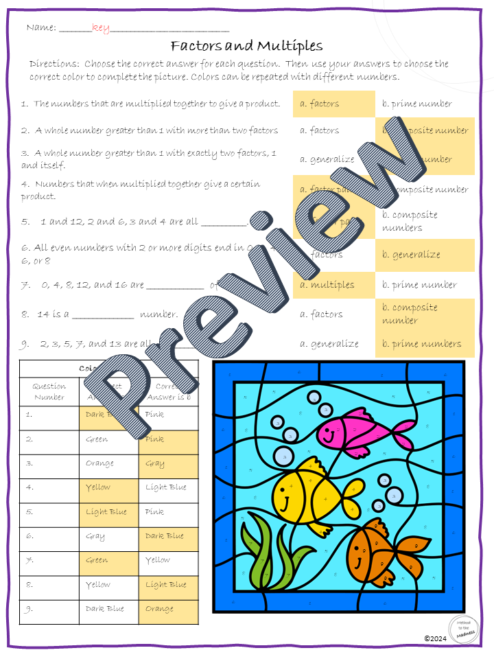 Factors & Multiples Vocabulary - Color By Number Worksheet - Classful