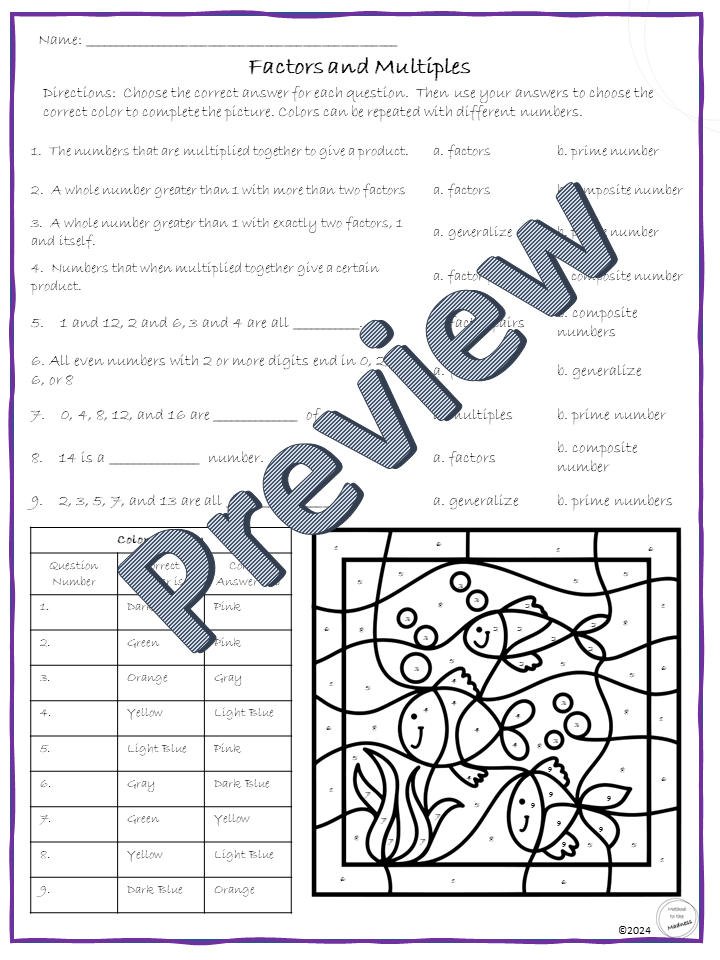 Factors & Multiples Vocabulary - Color By Number Worksheet - Classful