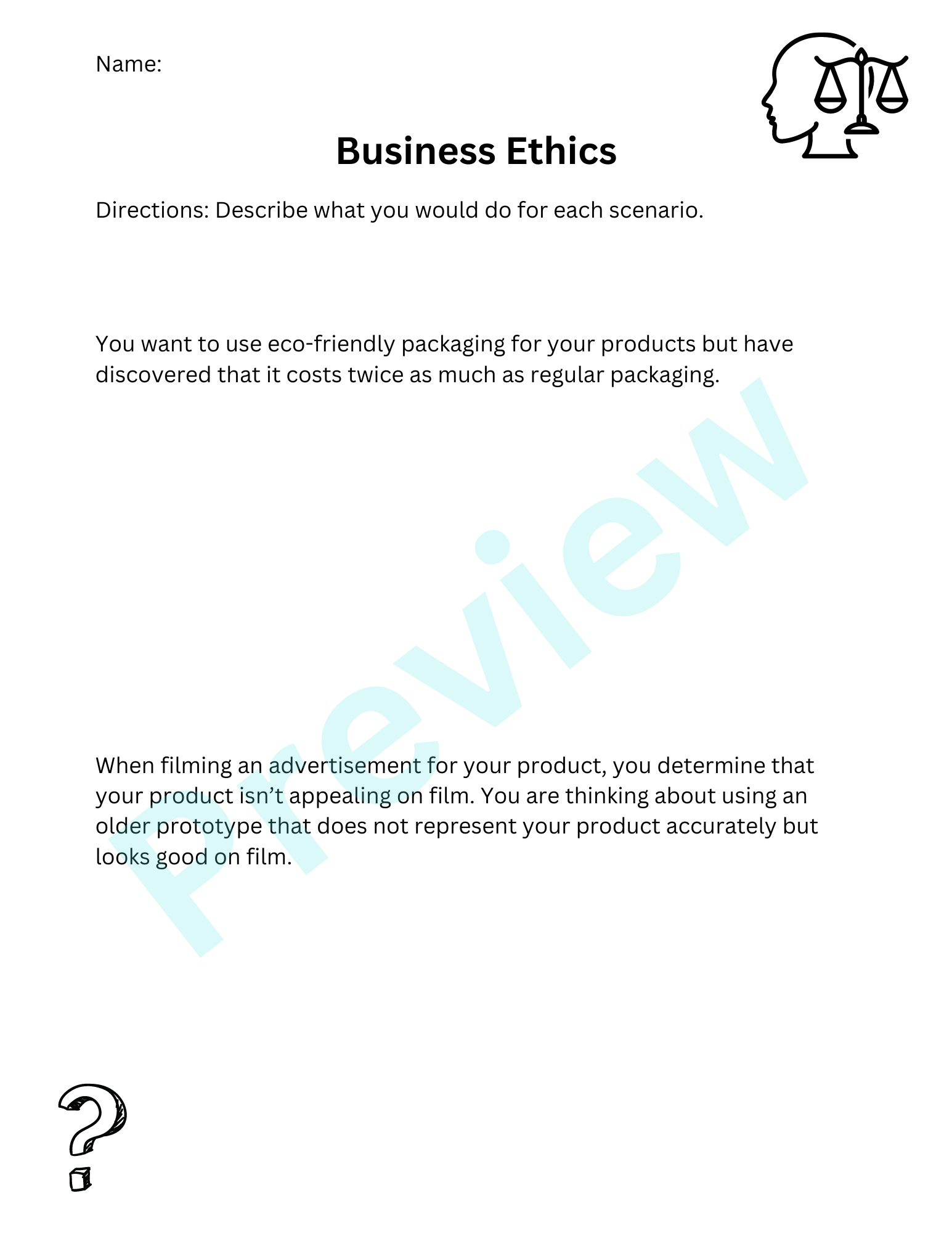 Business Ethics Worksheets | Handouts and Daily Warm-Ups Writing ...