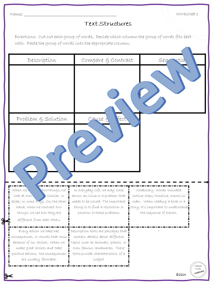 Identify different Text Structures - Cut and Paste Worksheet - Classful