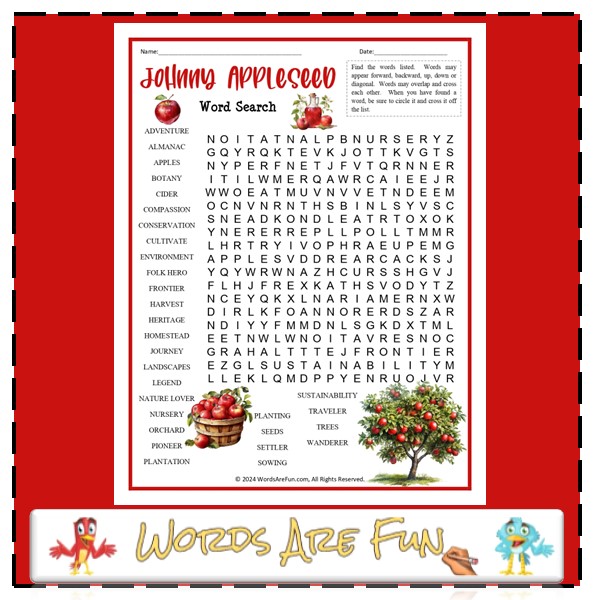 JOHNNY APPLESEED Word Search Puzzle Handout Fun Activity - Classful