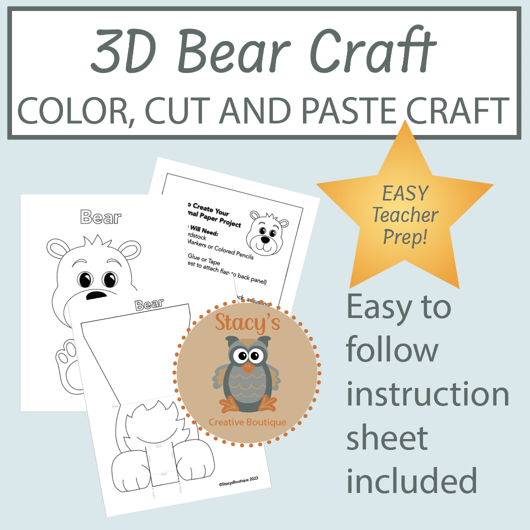 3D Bear craft activity - color, cut and paste art project - Classful