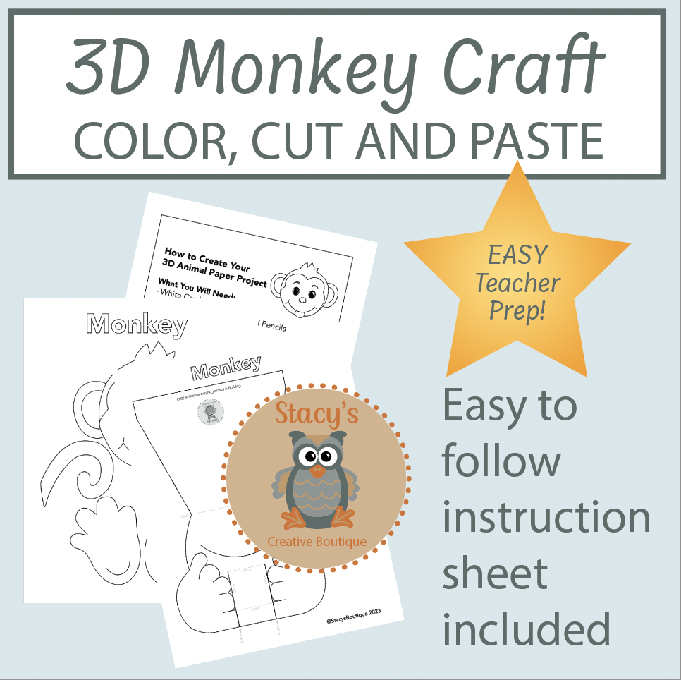 3D Monkey Craft Activity - Color, Cut and Paste Art Project - Classful