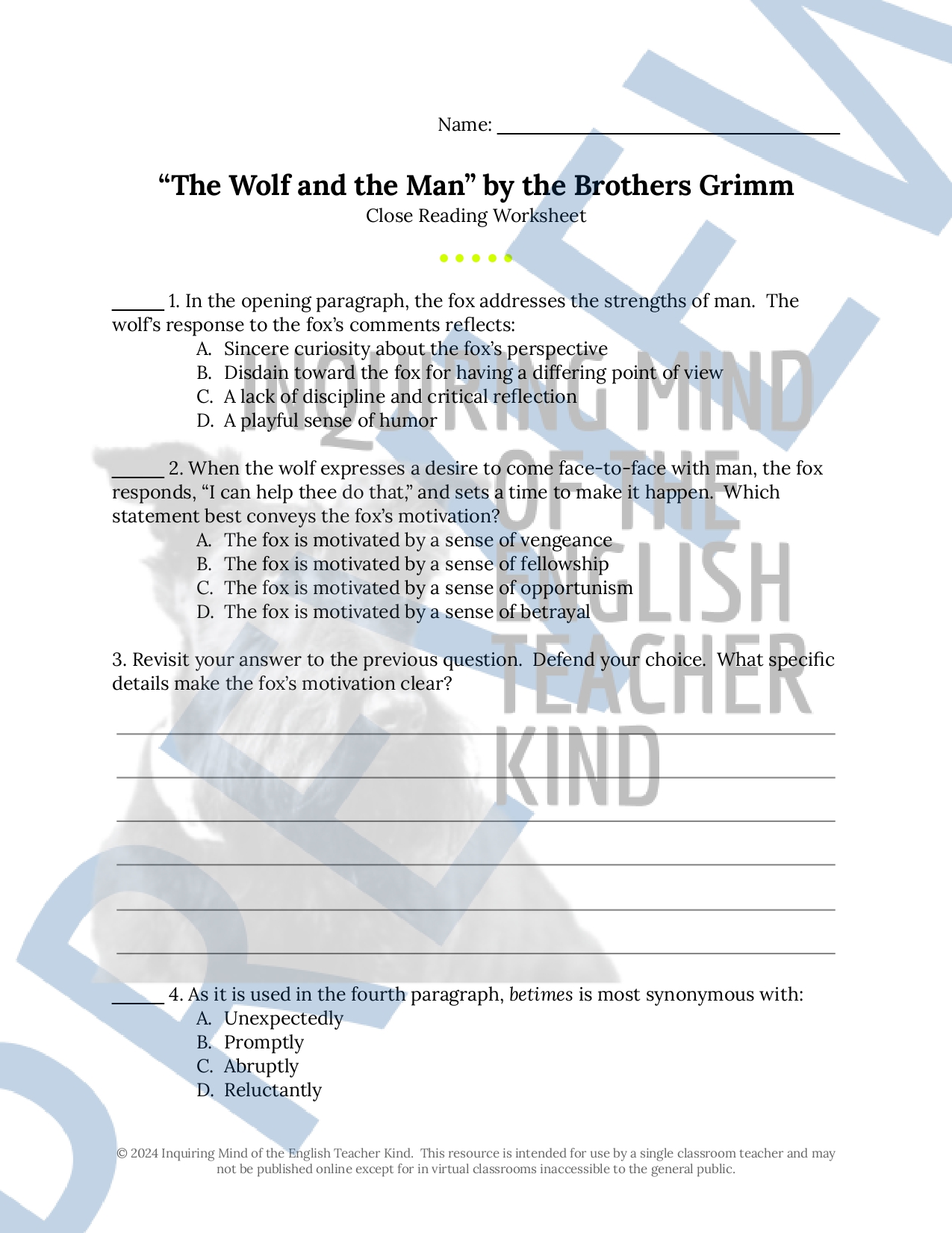 The Wolf and the Man by the Brothers Grimm Close Reading Analysis ...