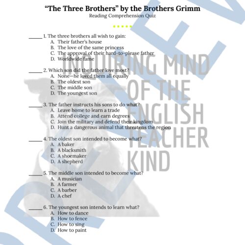 The Three Brothers by the Brothers Grimm Quiz and Answer Key - Classful