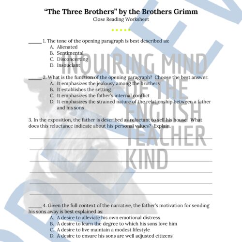 The Three Brothers by the Brothers Grimm Quiz and Close Reading ...