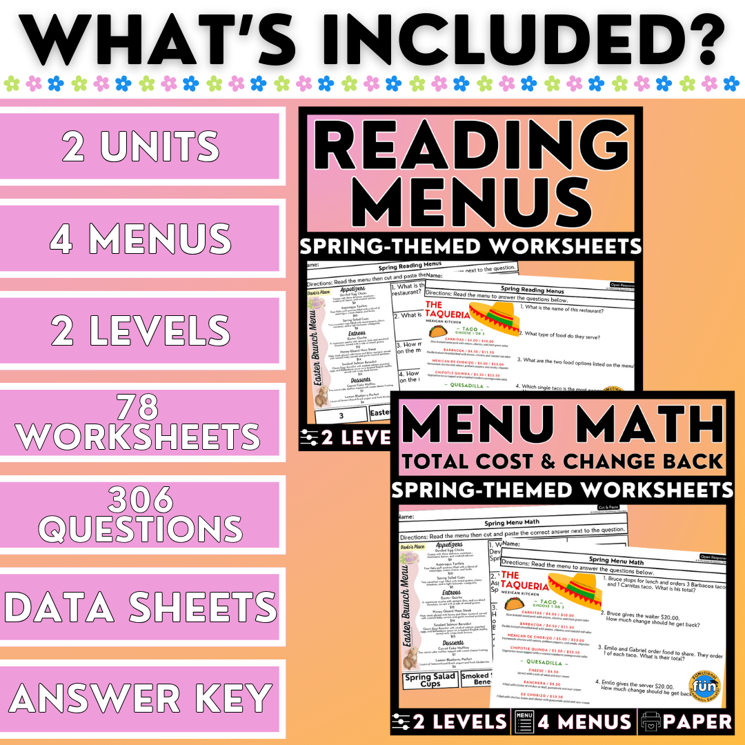 Spring Menus BUNDLE - Reading Menus & Menu Math - Life Skills - Classful