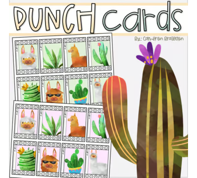 Behavior Incentive Punch Cards Rewards Llama and Cactus Watercolor ...