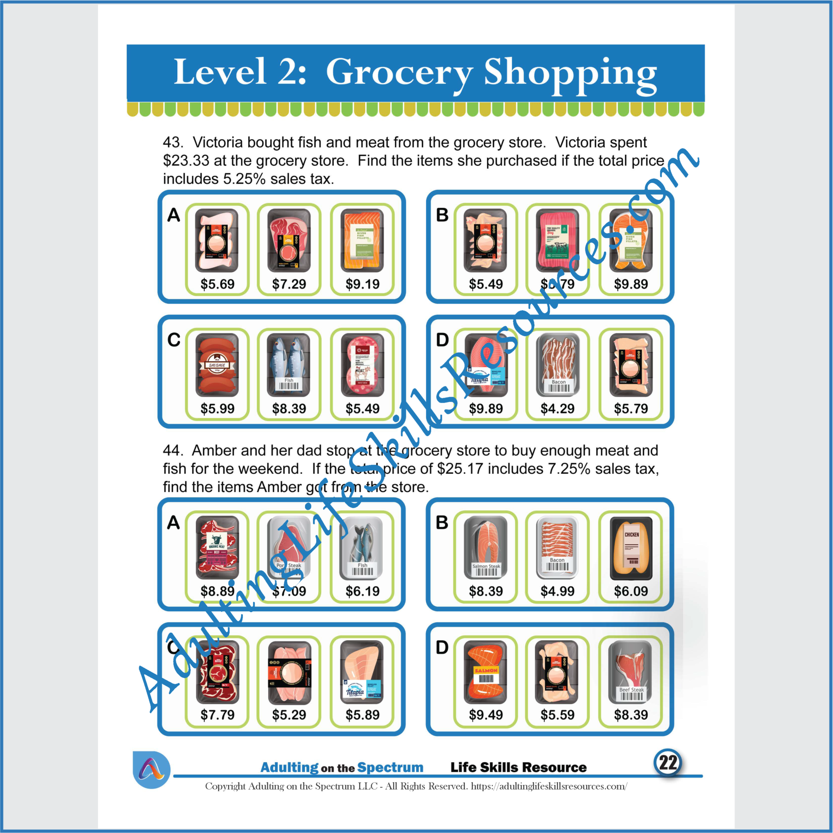 Money Math Life Skills Worksheets - Grocery Shopping Level 2 - Classful