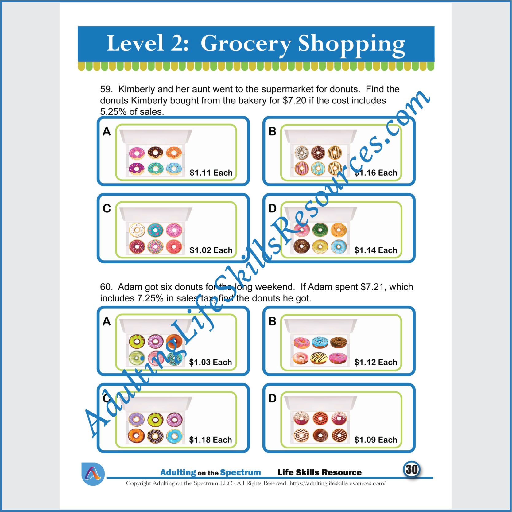 Money Math Life Skills Worksheets - Grocery Shopping Level 2 - Classful