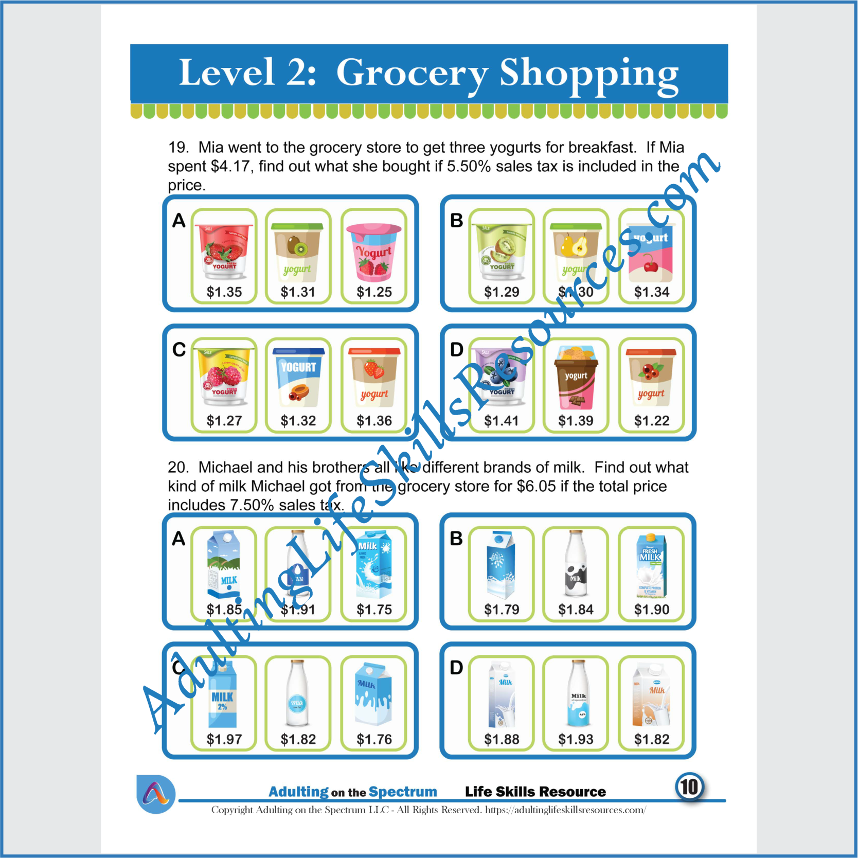 Money Math Life Skills Worksheets - Grocery Shopping Level 2 - Classful