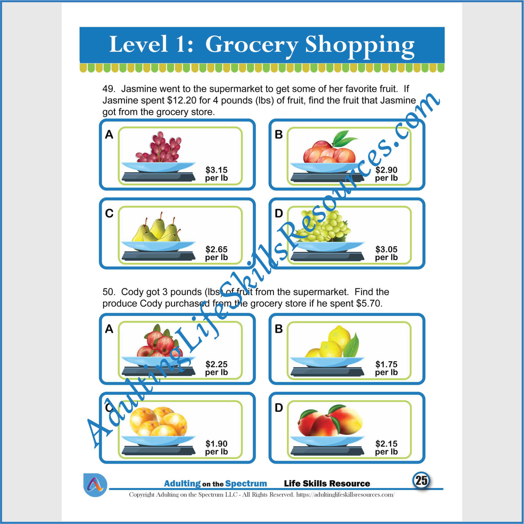 Money Math Life Skills Worksheets - Grocery Shopping Level 1 - Classful