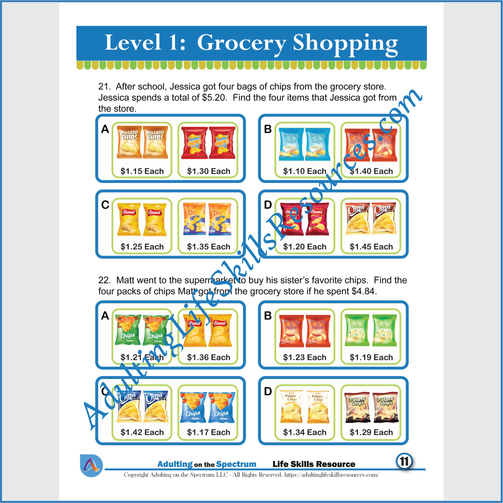 Money Math Life Skills Worksheets - Grocery Shopping Level 1 - Classful