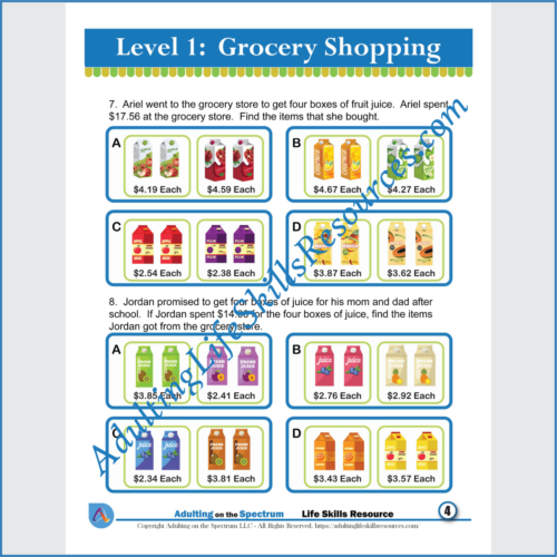 Money Math Life Skills Worksheets - Grocery Shopping Level 1 - Classful