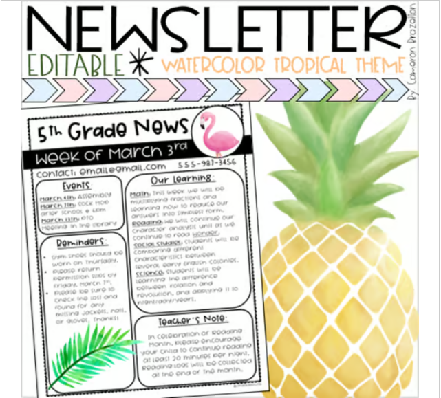 Weekly Newsletter Template Watercolor Tropical Theme EDITABLE - Classful