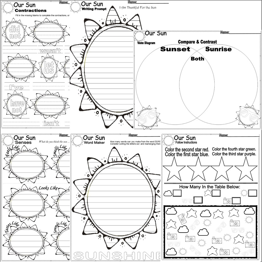 SUN Theme NO PREP Activity Worksheets Writing Vocabulary Math ELA Solar ...
