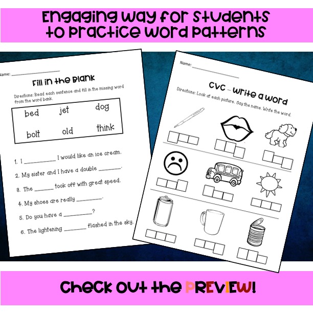 No Prep CV-VC-CVC-VCC Practice Sheets - Classful