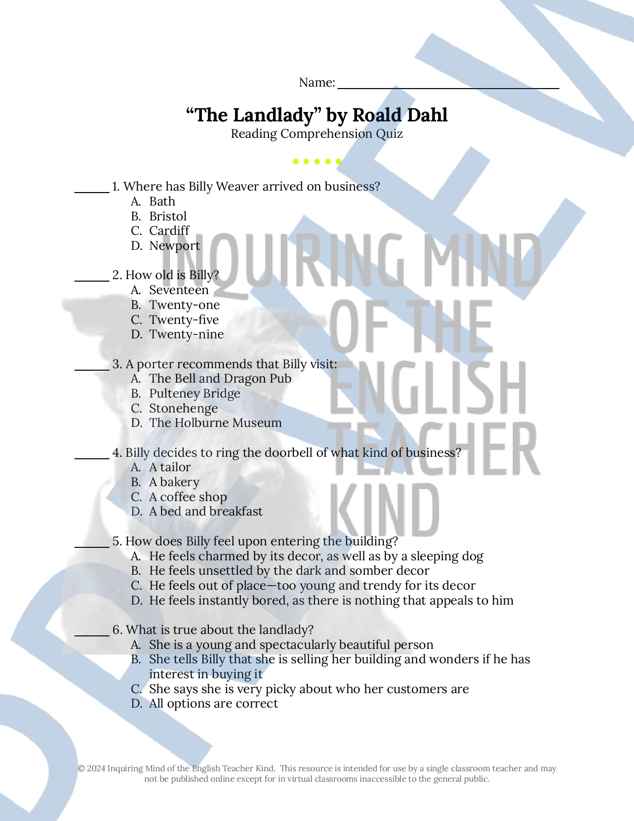 The Landlady by Roald Dahl Quiz and Answer Key - Classful