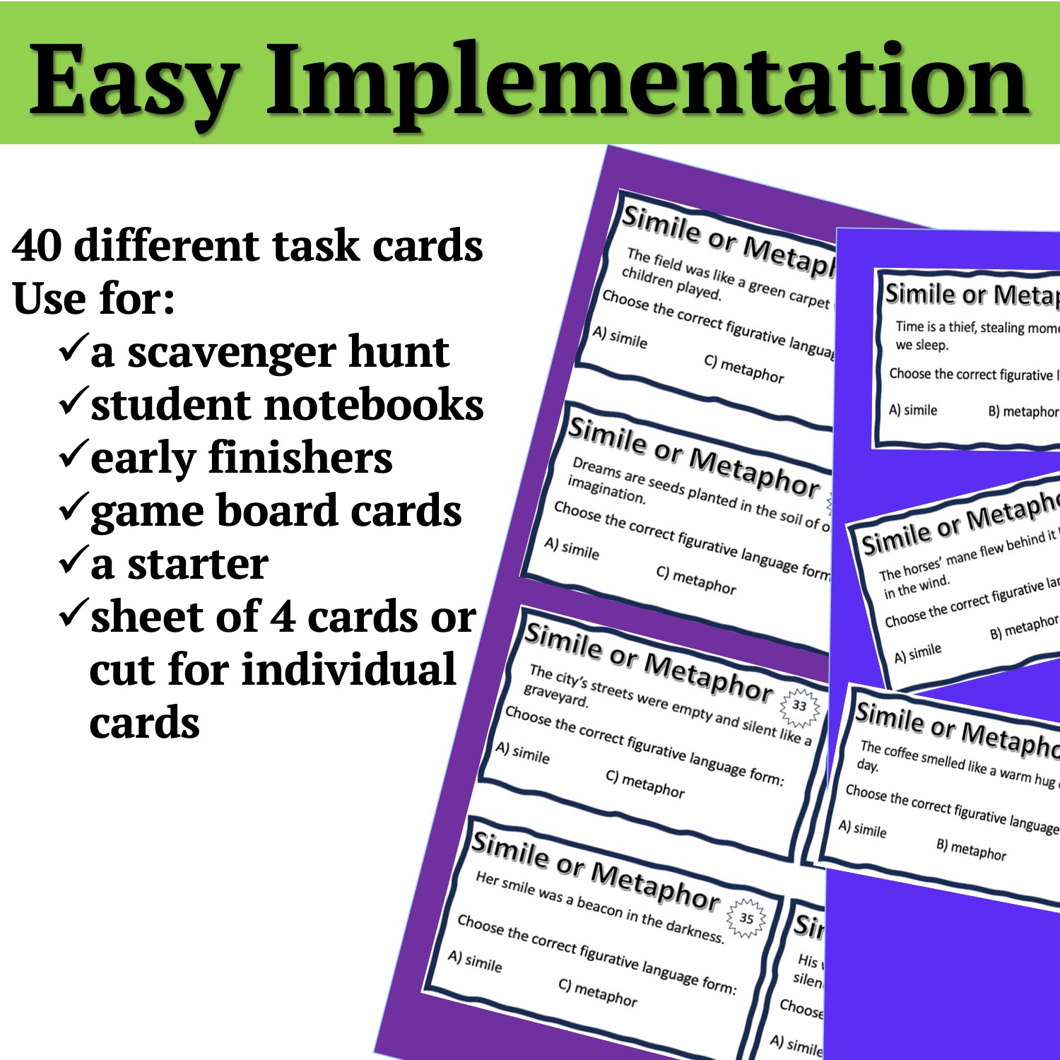 Figurative Language | Metaphor and Simile Task Cards | Anchor Charts ...