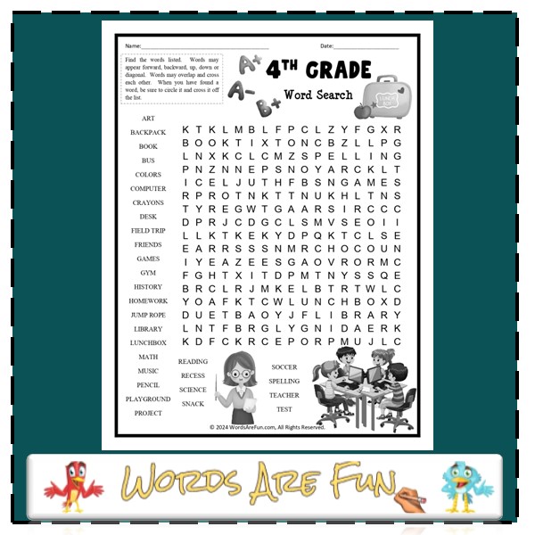 4TH GRADE Word Search Puzzle Handout Fun Activity - Classful