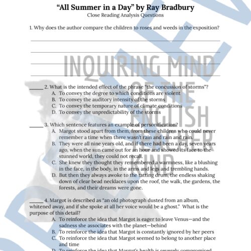 All Summer in a Day by Ray Bradbury Close Reading Analysis Worksheet ...