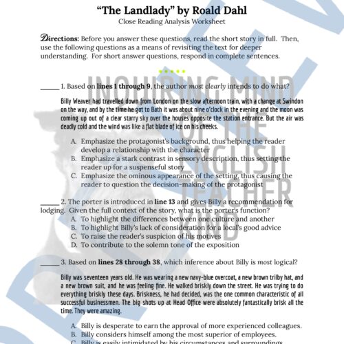 The Landlady by Roald Dahl Close Reading Analysis Worksheet for High ...