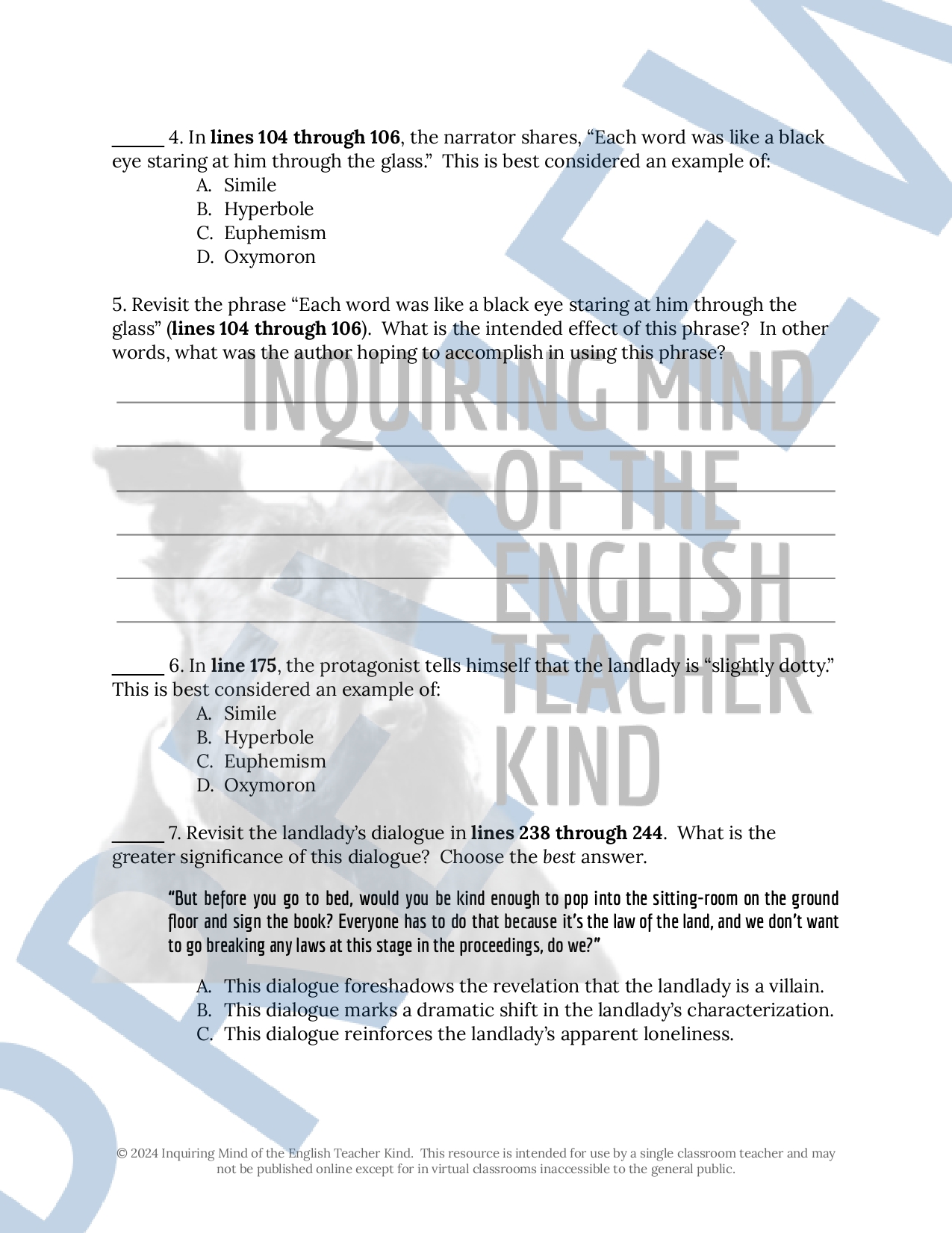 The Landlady by Roald Dahl Close Reading Analysis Worksheet for High ...