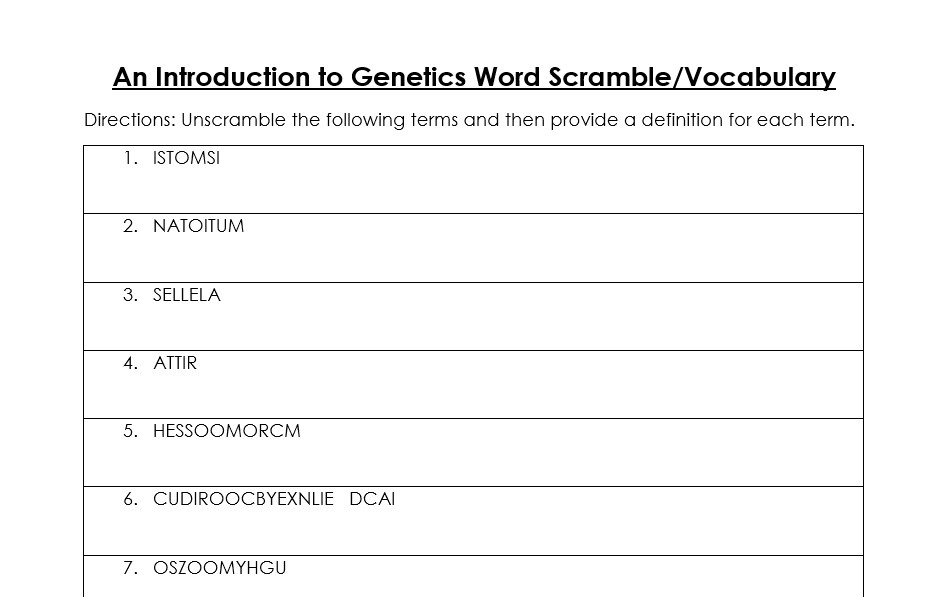 Introduction to Genetics Word Scramble/Vocabulary Worksheet (Biology ...