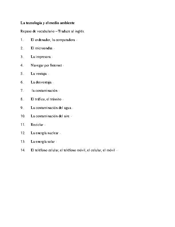 Spanish Technology and Environment Worksheet - Classful