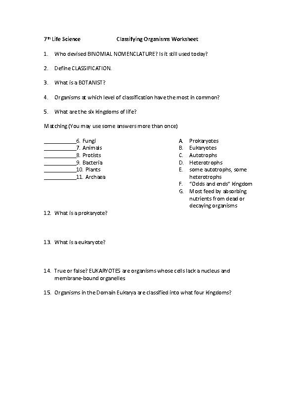 Classifying organisms worksheet - Classful