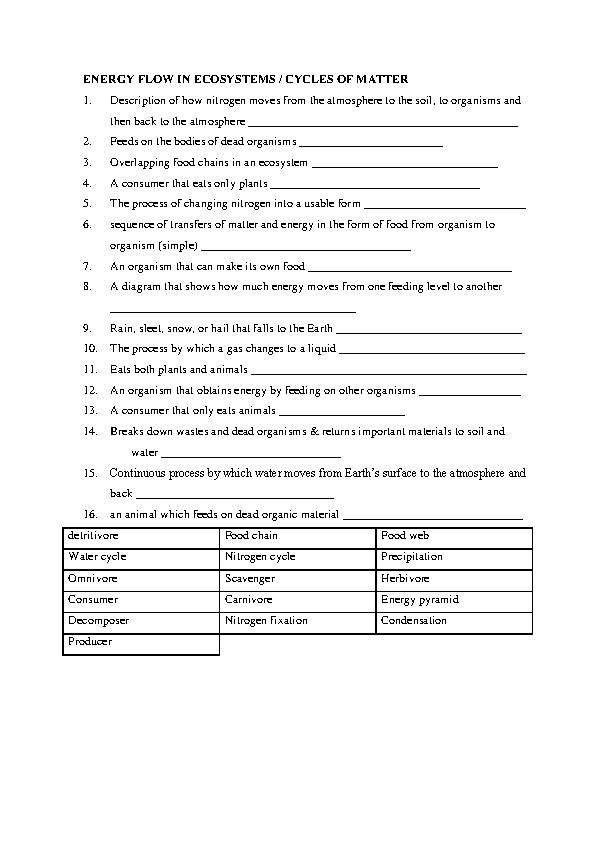 ENERGY FLOW IN ECOSYSTEMS / CYCLES OF MATTER worksheet - Classful
