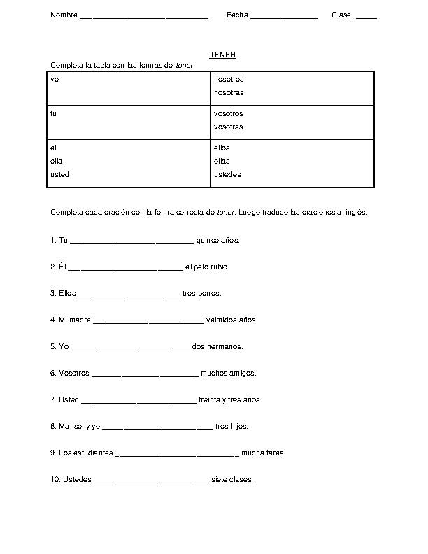 TENER Worksheet - Classful