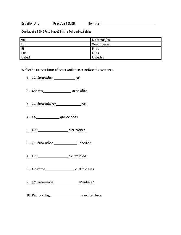 Tener Worksheet