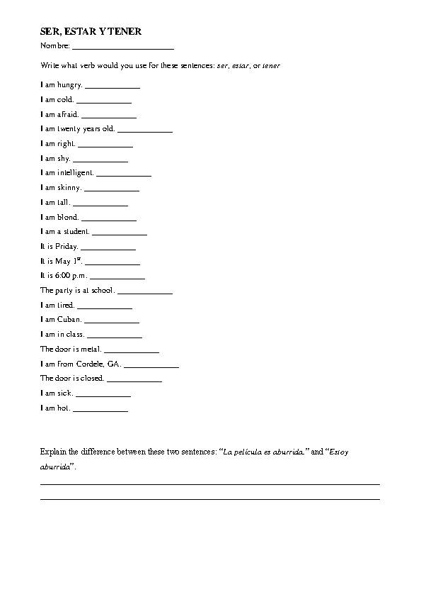 Ser, estar and tener practice - Classful