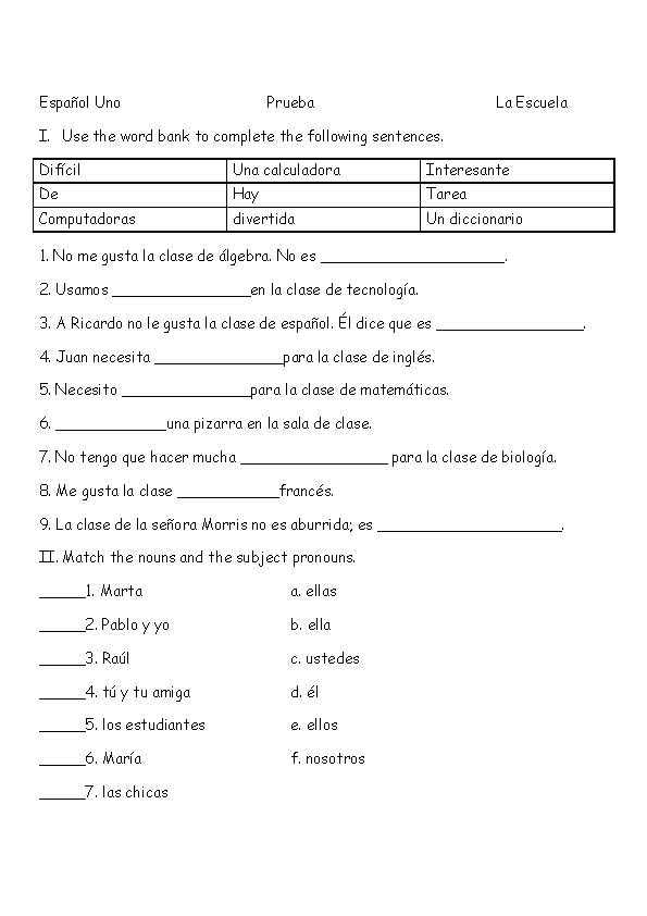 Prueba La Escuela el dia escolar - Classful