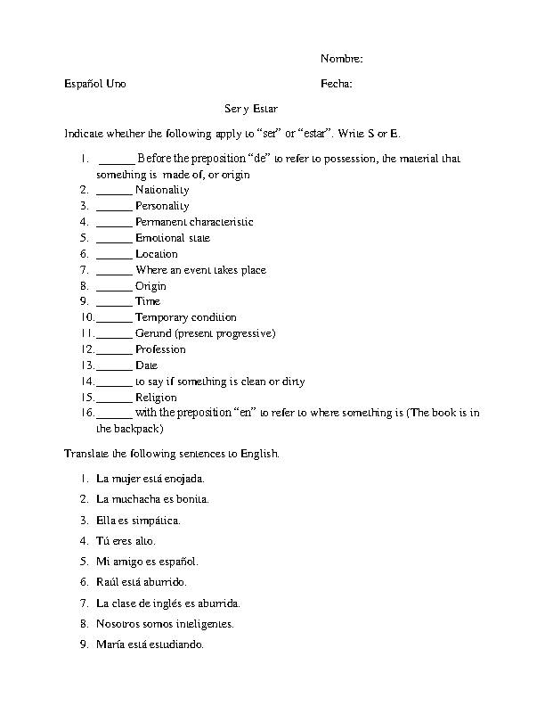 Ser estar Rules and translation practice - Classful