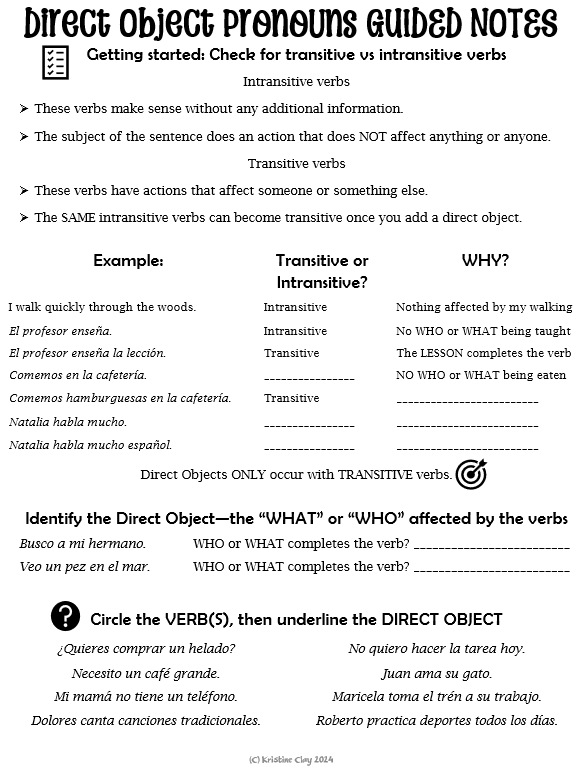 Spanish Direct Object Pronouns Guided Notes and Practice - Classful