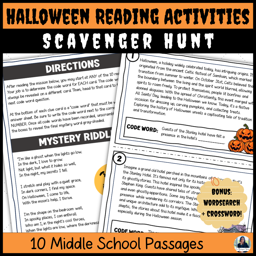 Halloween Reading Comprehension Activities for 6th, 7th & 8th Grades ...