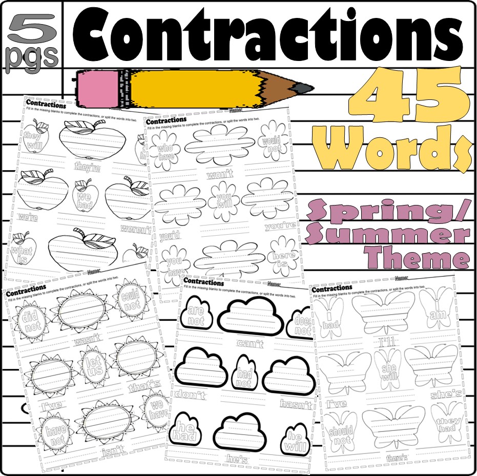 Contractions Spelling Practice Worksheets 45 words Spring Summer Theme ...